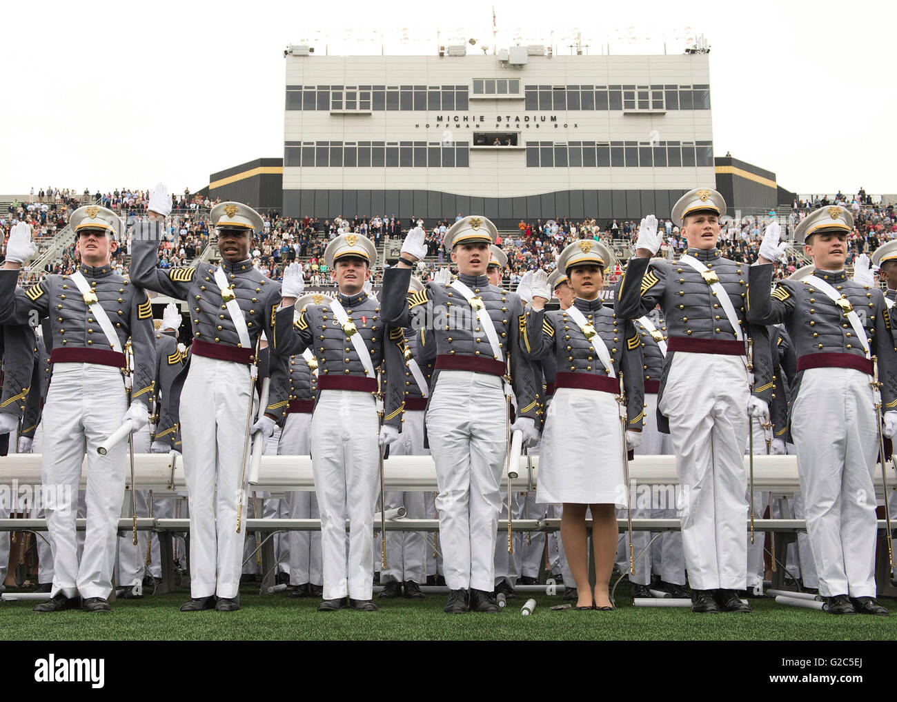 U.S Army cadets standing during the commencement ceremony oath of ...