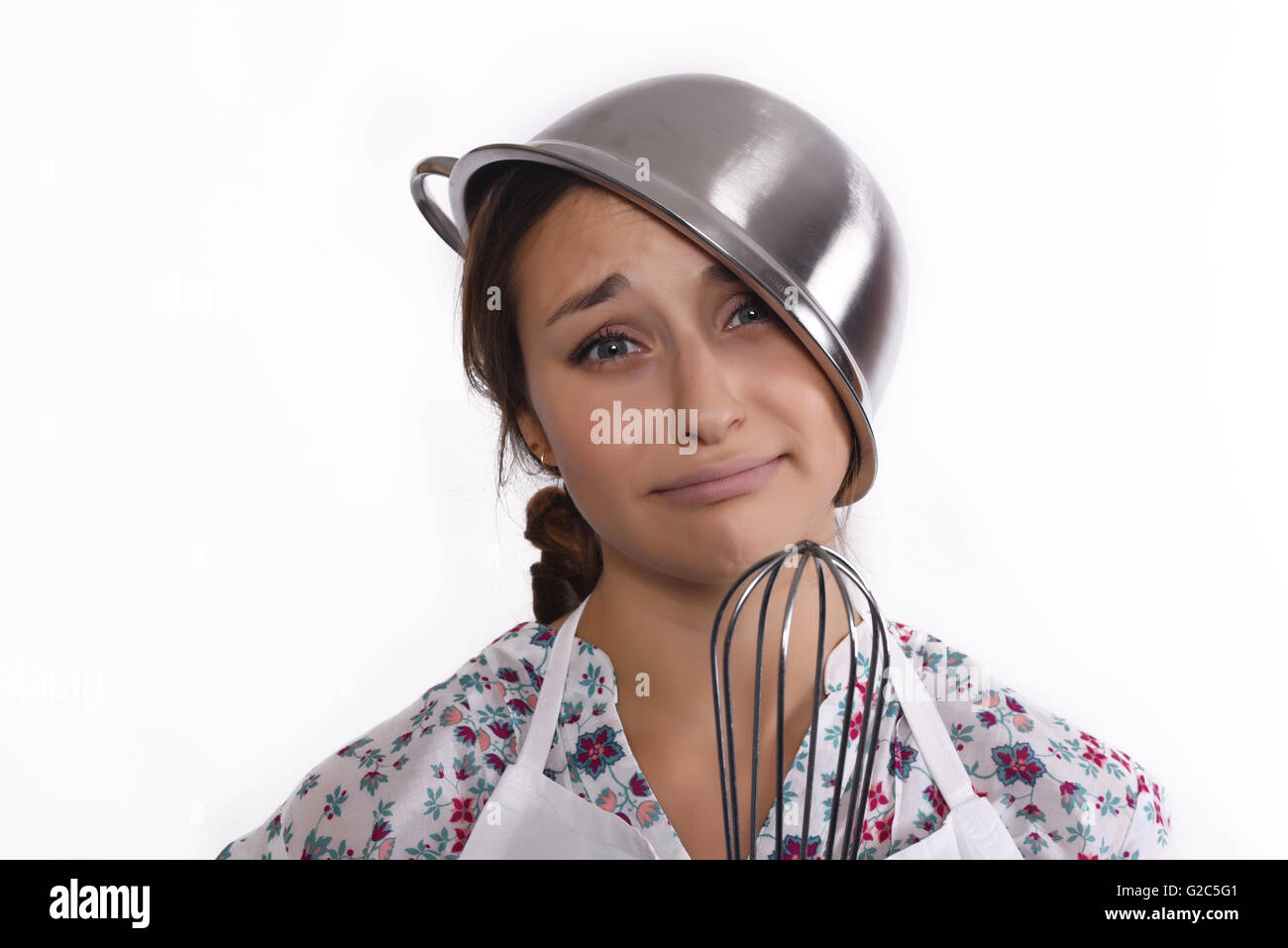 Close up of young beautiful chef tired. Isolated white background Stock ...