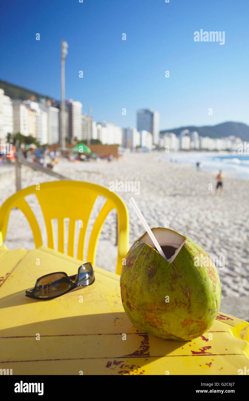 Fresh coconut at beachside cafe, Copacabana, Rio de Janeiro, Brazil ...