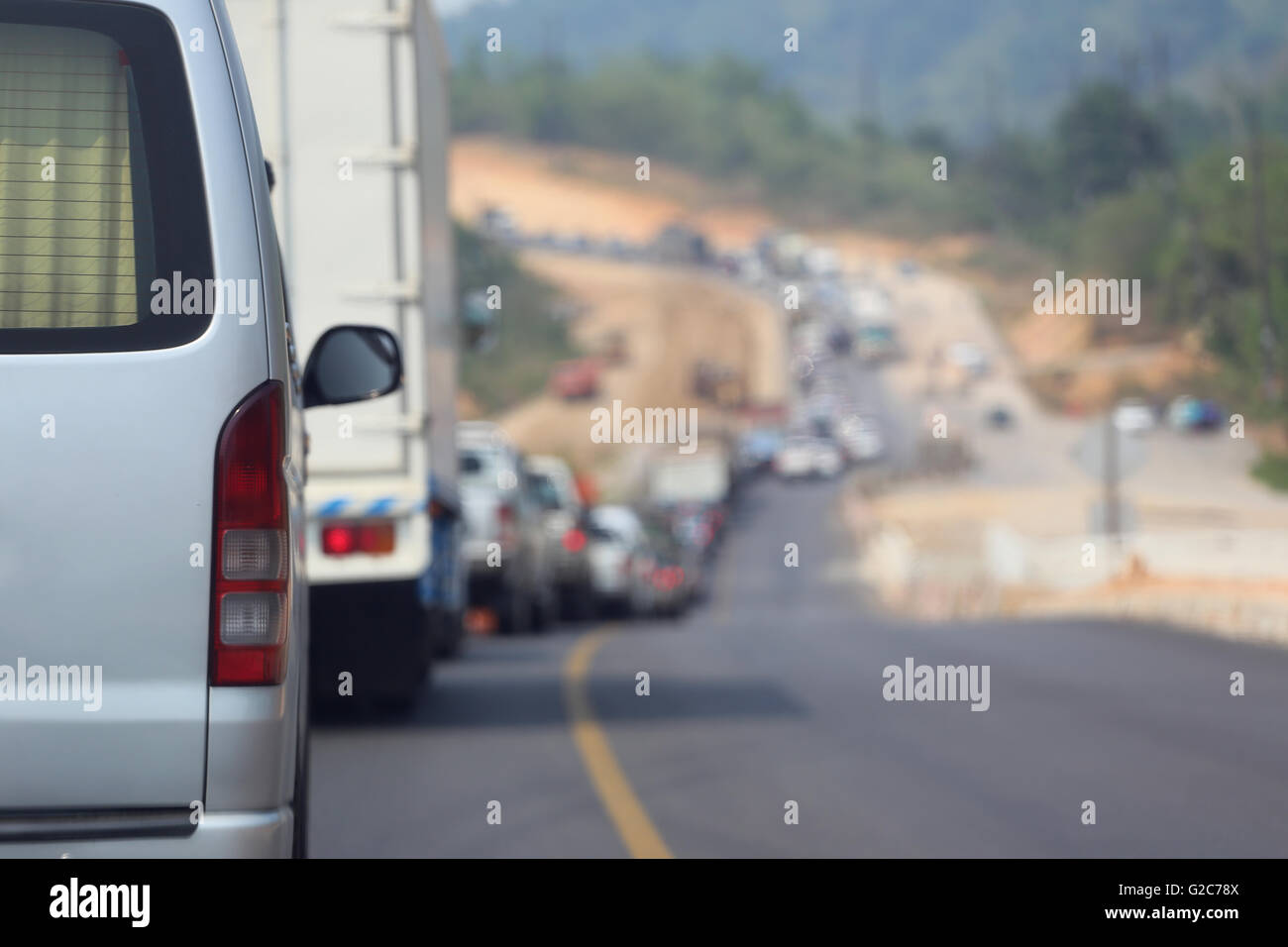traffic jam on the road because work highway construction in ...
