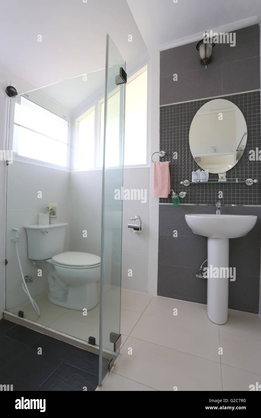 White bathroom of interior and have sanitary ware in the house Stock ...