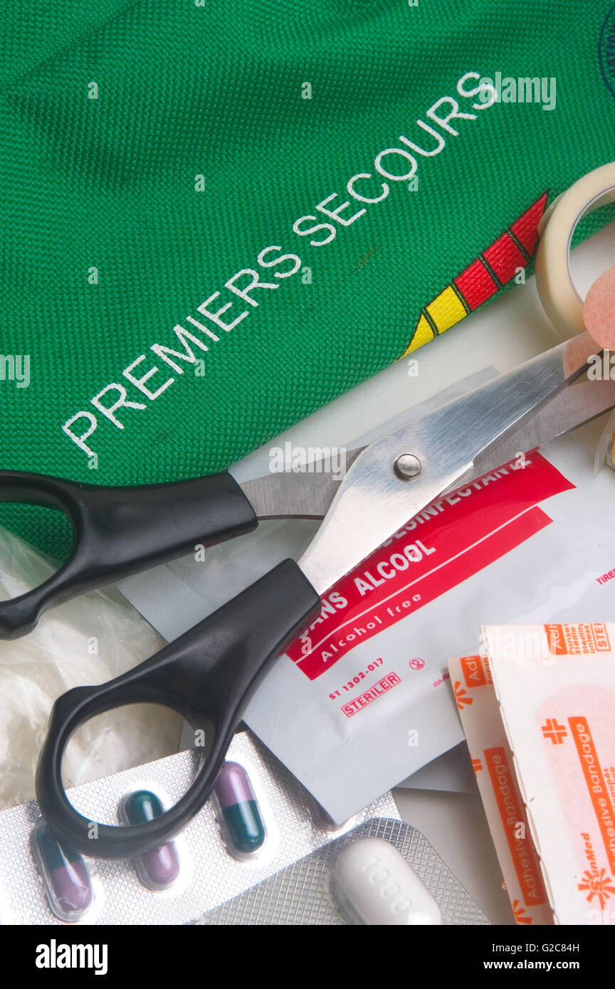 first aid kit with everything you need to treat, such as bandages and ...