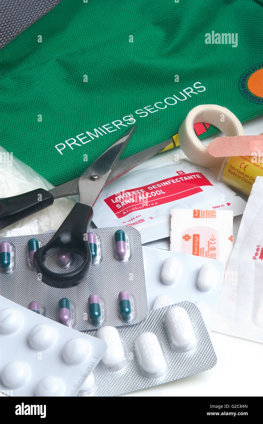 first aid kit with everything you need to treat, such as bandages and ...