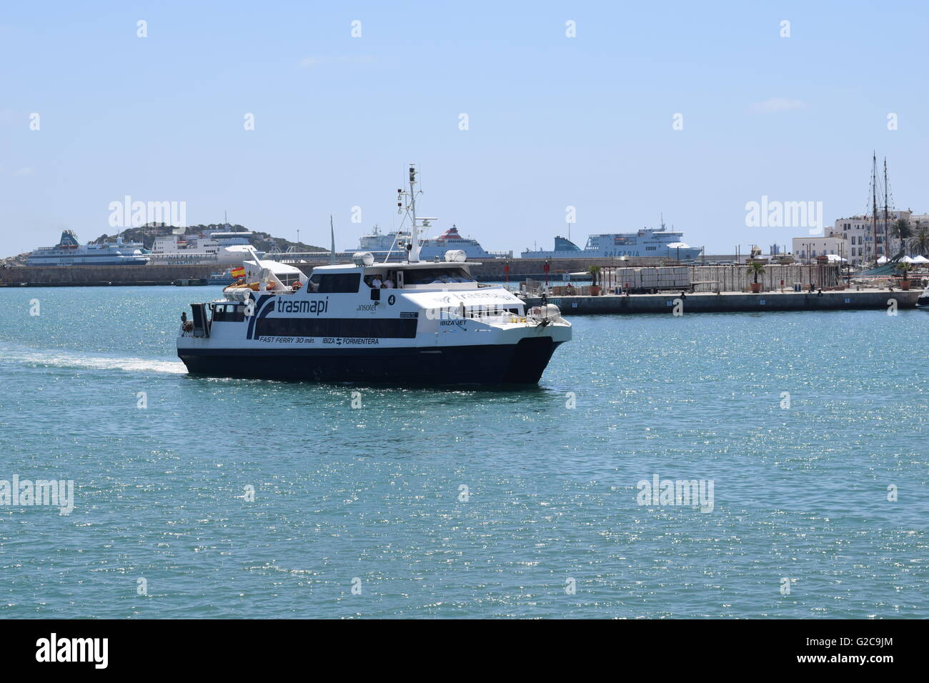 Trasmapi passenger ferry arriving at Ibiza from Formentera Stock Photo ...