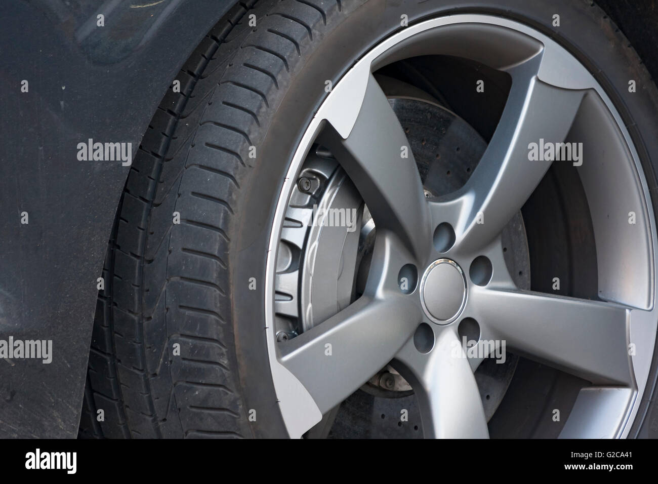 Wheel closeup with brake disc and caliper, alloy wheels Stock Photo - Alamy