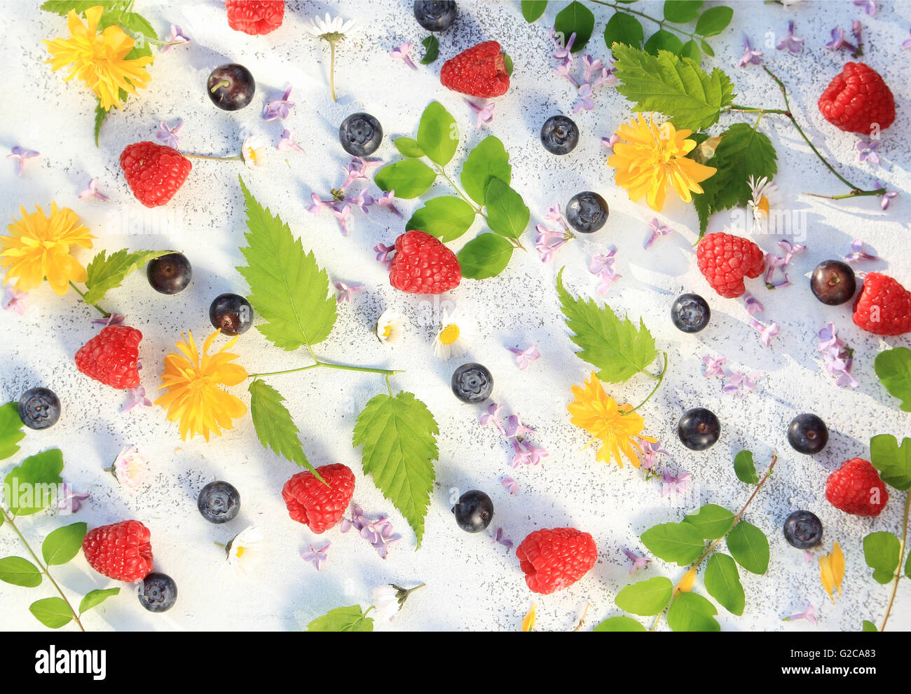 Beautiful summer/ spring background with fresh flowers and leaves on ...