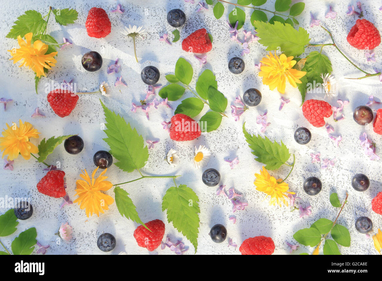 Beautiful summer/ spring background with fresh flowers and leaves on ...
