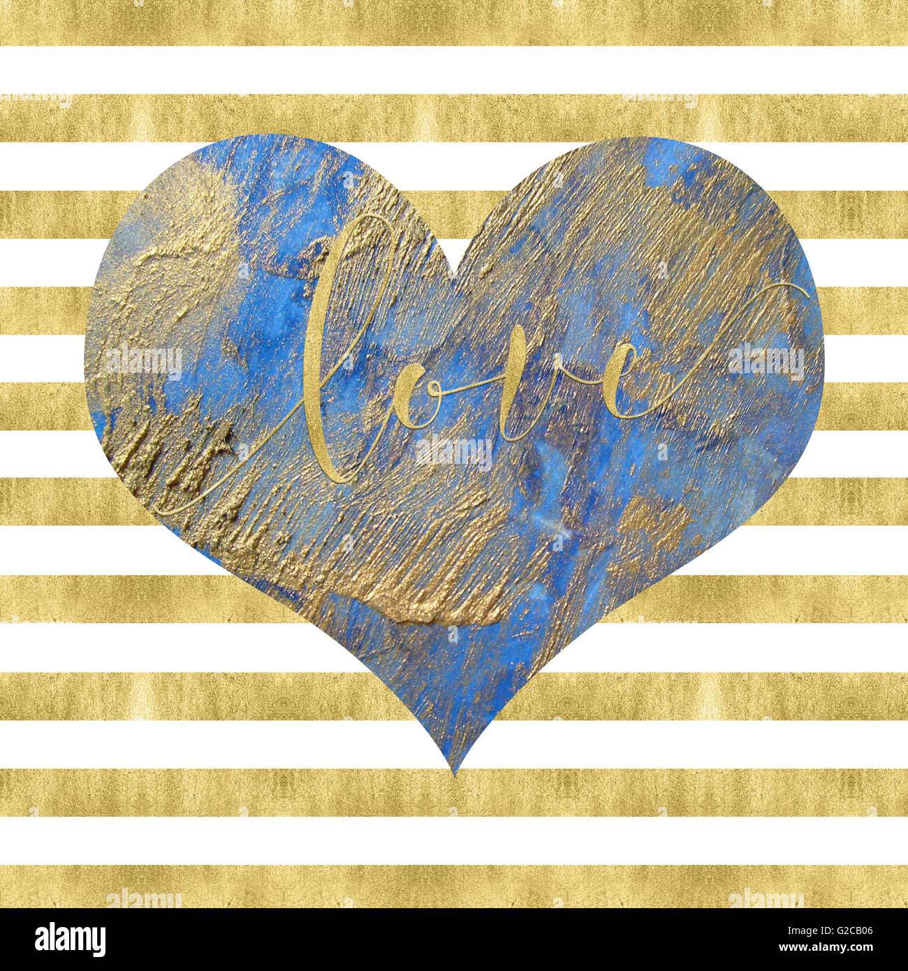 Blue heart with text on a gold foil effect striped striped background ...