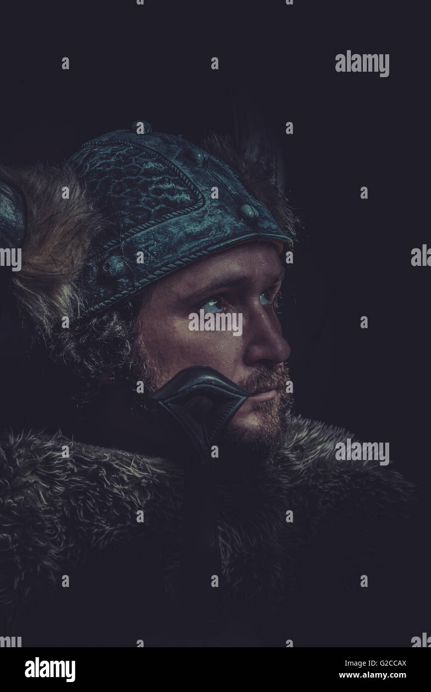 Scandinavian, Costume, Viking warrior with a huge sword and helmet with ...