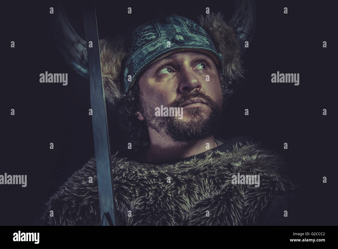 Leadership, Costume, Viking warrior with a huge sword and helmet with ...