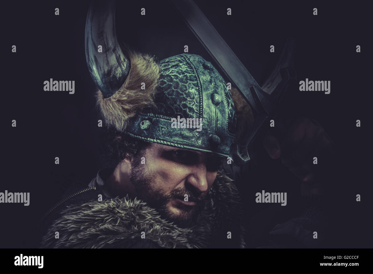 Human, Costume, Viking warrior with a huge sword and helmet with horns ...