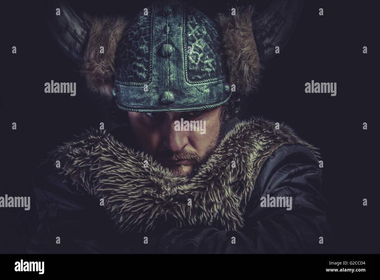 Costume, Viking warrior with a huge sword and helmet with horns Stock ...