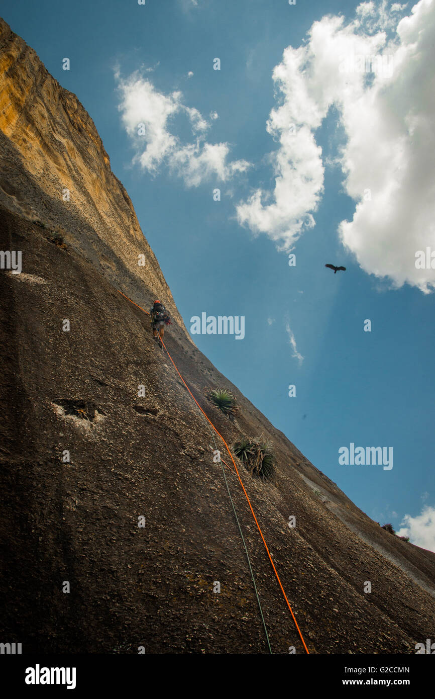 Rock climber in Pedra Riscada. The biggest monolith of South America ...