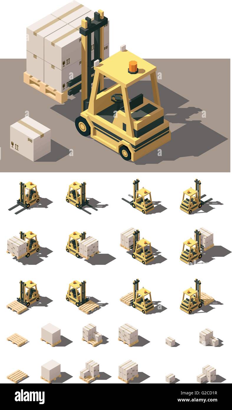 Vector isometric forklift with crates and pallets icon set Stock Vector ...
