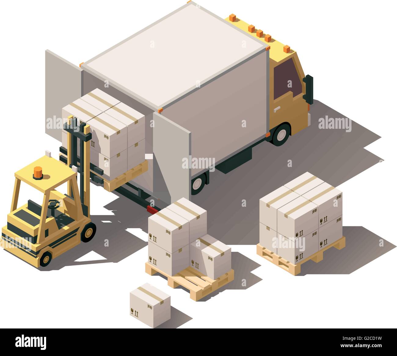 Vector isometric forklift loading box truck with crates on pallets icon ...