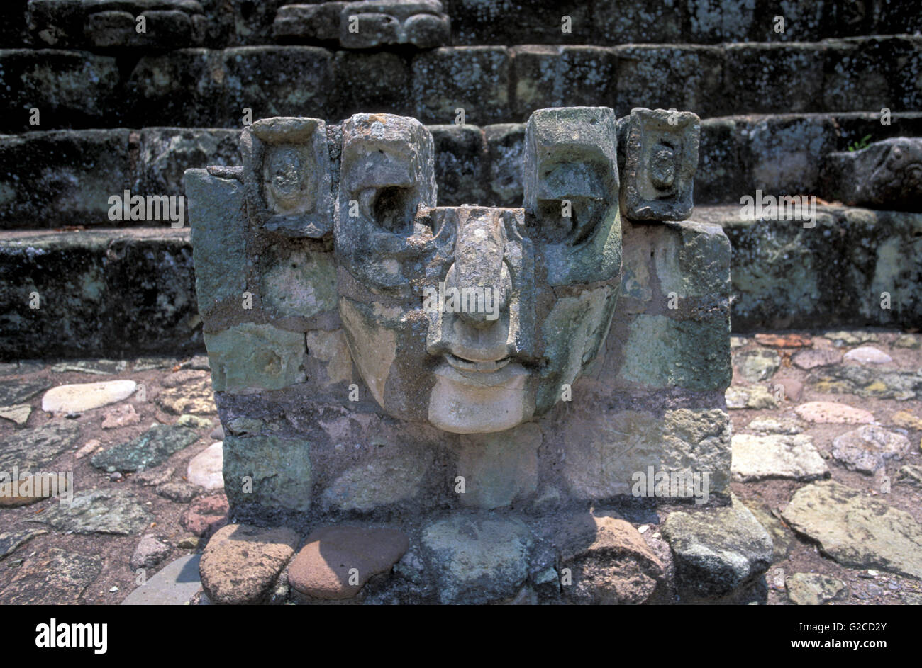 Mayan face bas relief at Copan Ruins, an archaeological site of the Maya civilization in Copan ...
