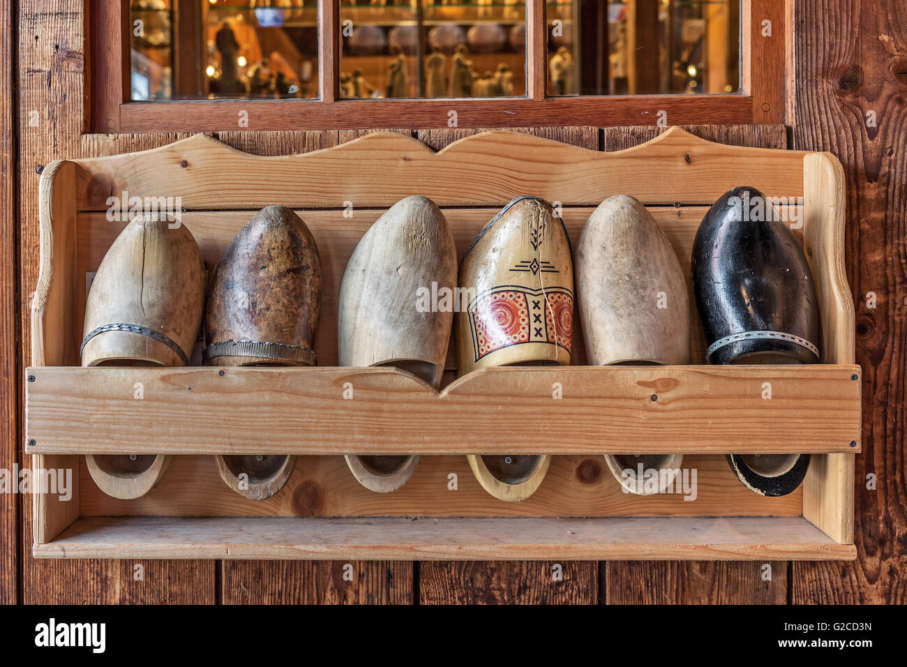 Typical wooden dutch clogs on the stand in Zaanse Schans, Netherlands ...