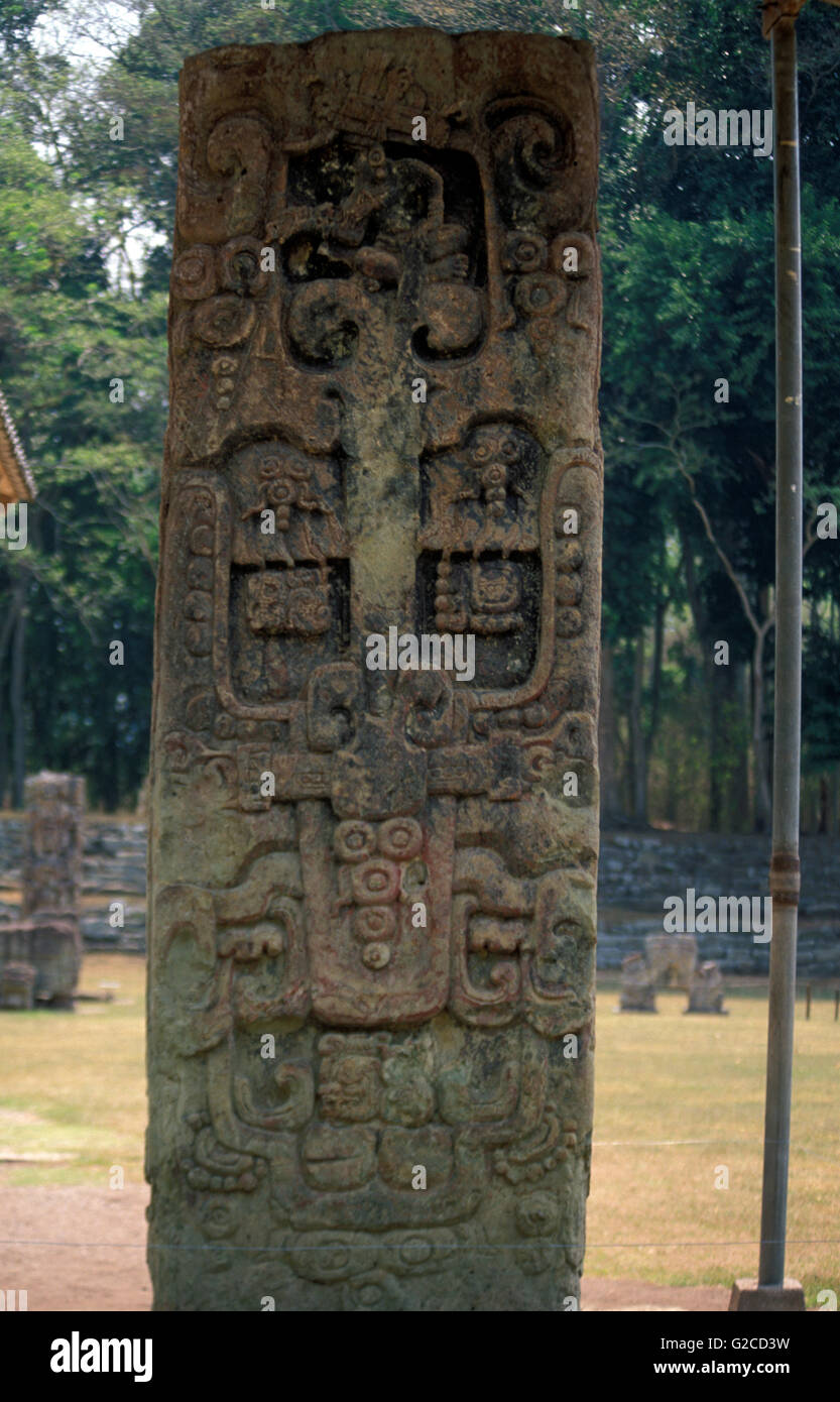 Back view of Stela B in Copan Ruins, an archaeological site of the Maya civilization in Copan ...
