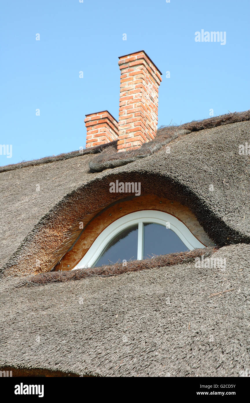 Roof covered with straw, chimneys and window Stock Photo - Alamy