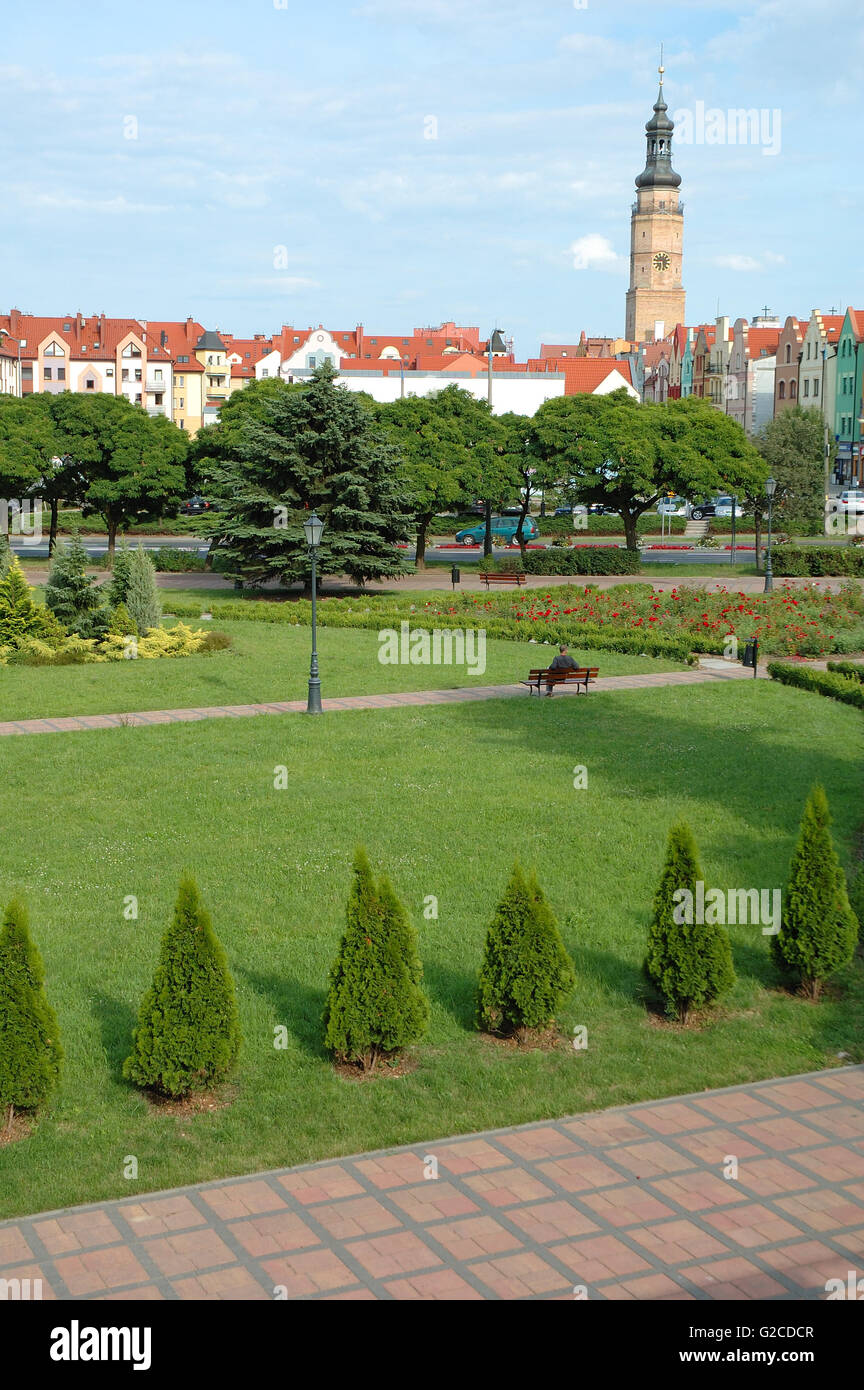 Glogow, Poland - June 27, 2014: Town hall tower, park and other ...