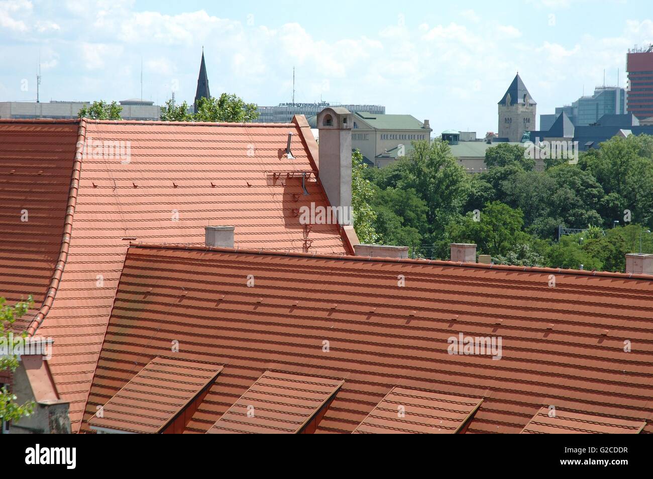 Tiled roof, buildings and chimneys on old building in Poznan in Poland ...