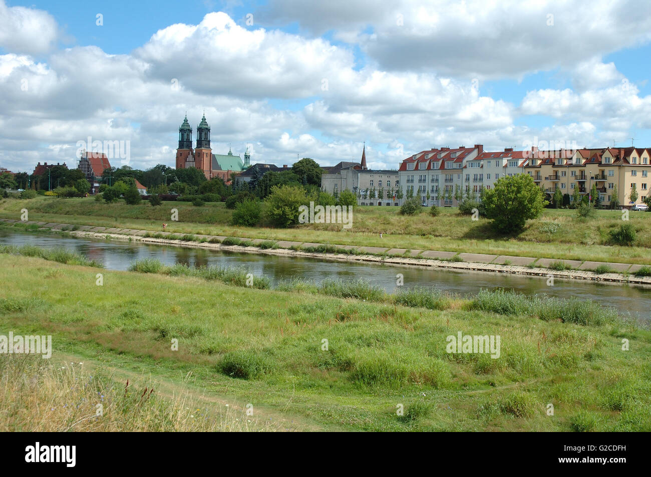 Warta river, cathedral and other buildings in Poznan, Poland Stock ...