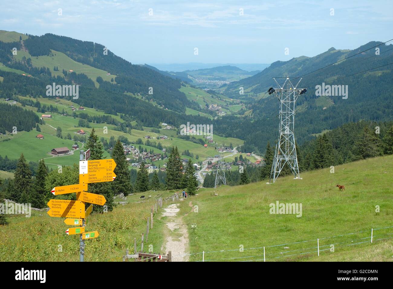 Trail direction signs nearby Grosser Mythen mountain in Alps in ...
