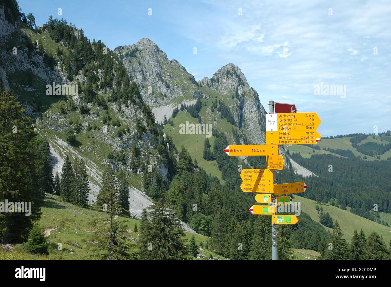 Trail direction signs nearby Grosser Mythen mountain in Alps in ...