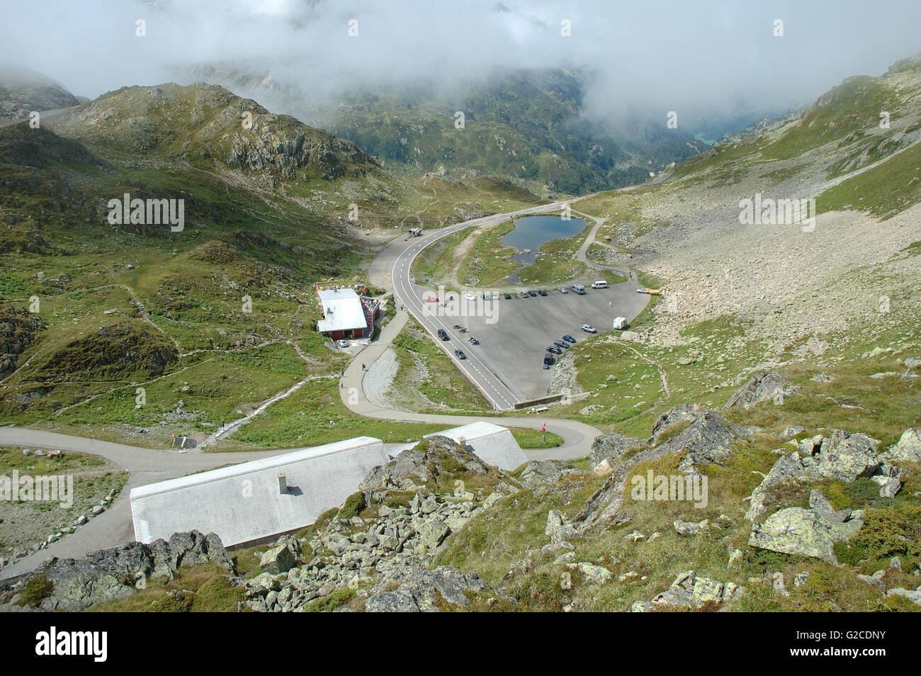 Sustenpass, Switzerland - August 12, 2014: Buildings and parking on ...