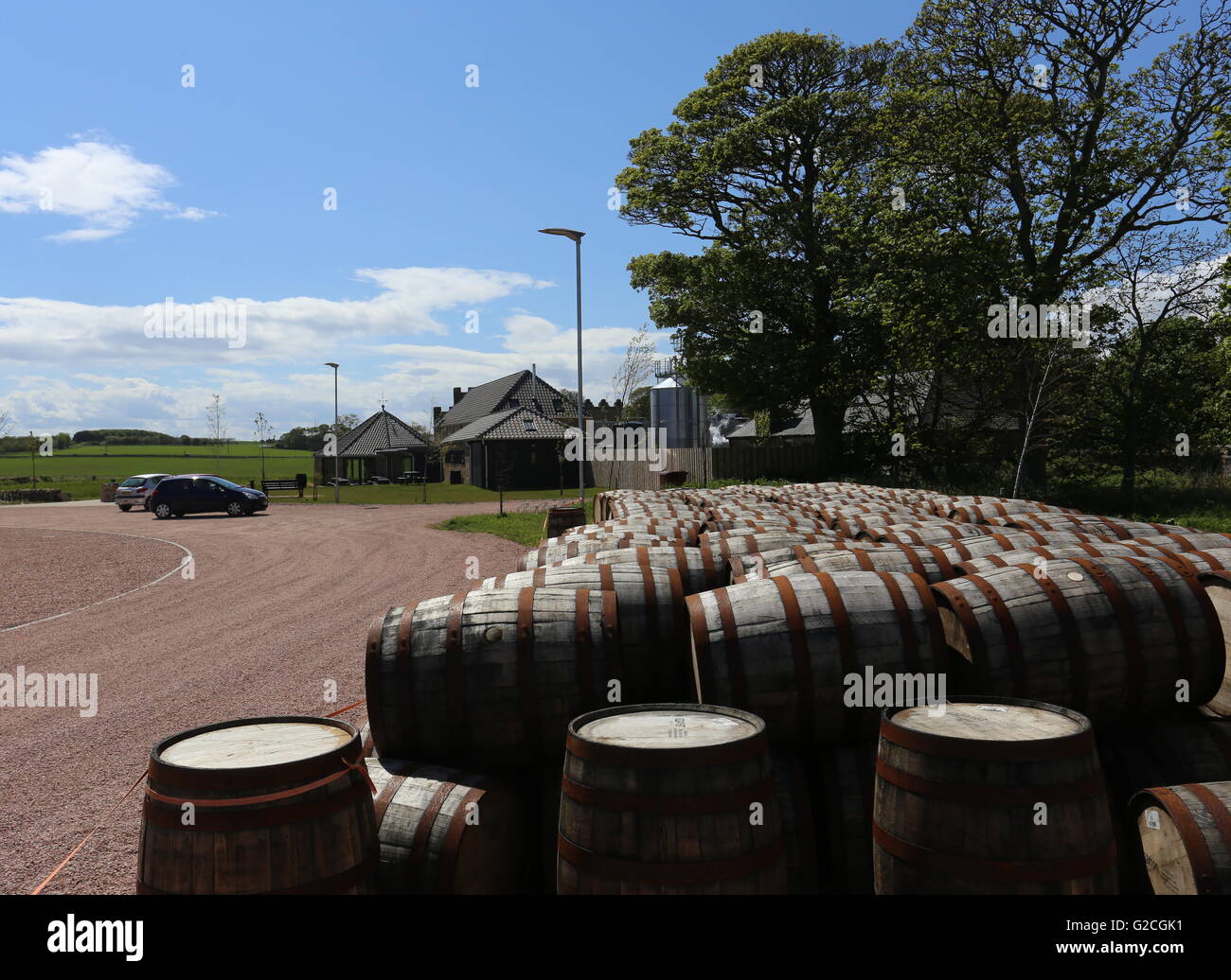 Exterior of Kingbarns distillery with barrels Fife Scotland May 2016 ...