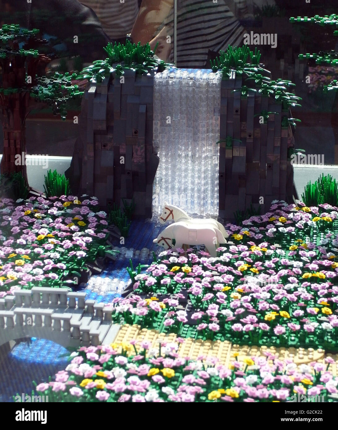 Lego model landscape white horse river flower bridge waterfall cliff ...