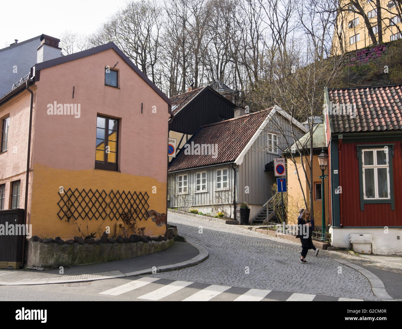 Inner city street Damstredet in the Norwegian capital Oslo, old houses ...