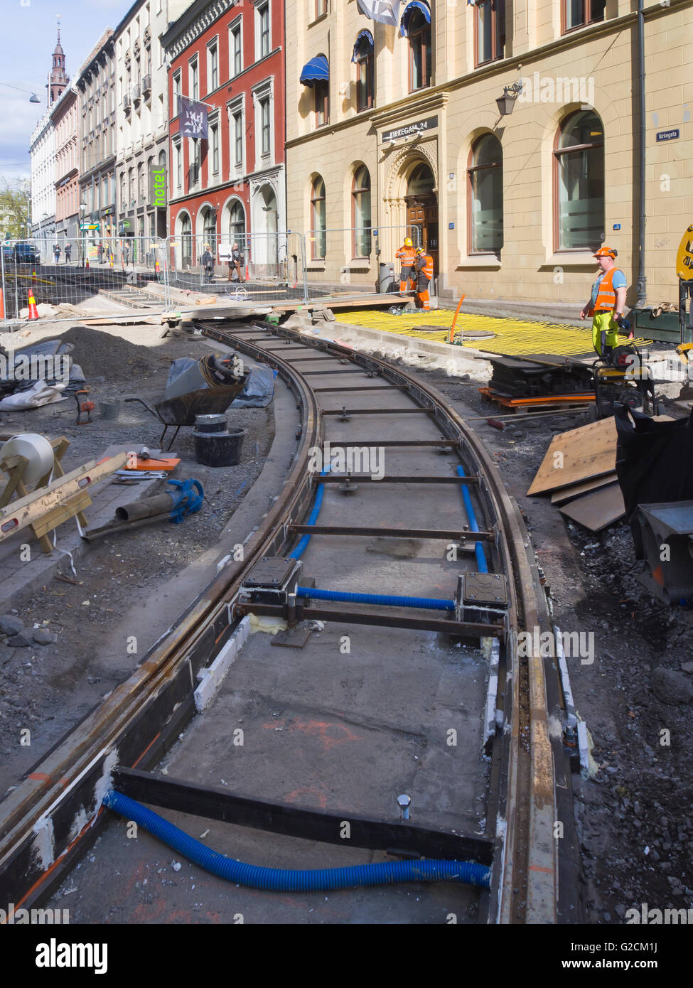 Roadworks in the center of Oslo Norway disrupting traffic, new tram ...