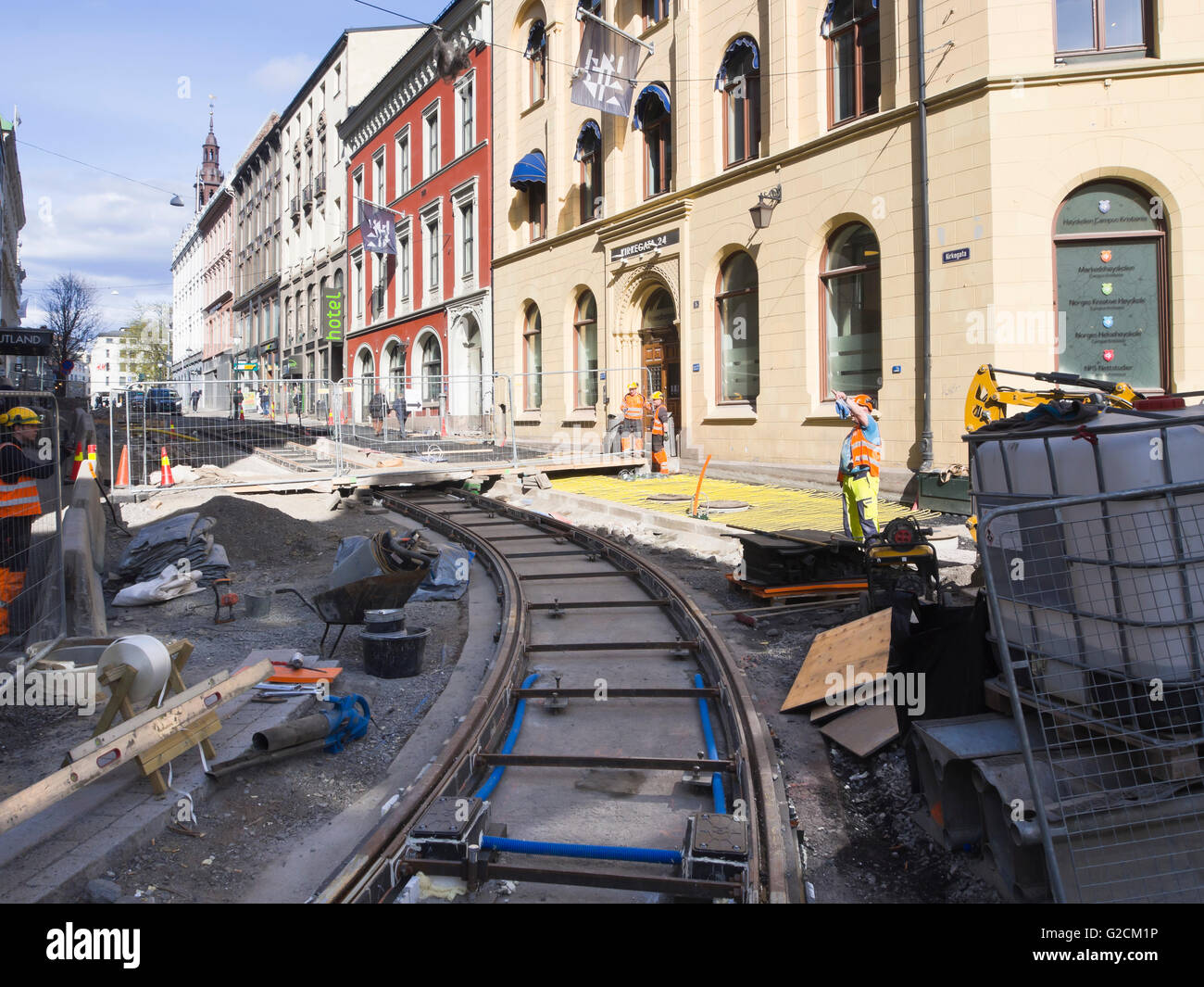 Roadworks in the center of Oslo Norway disrupting traffic, new tram ...