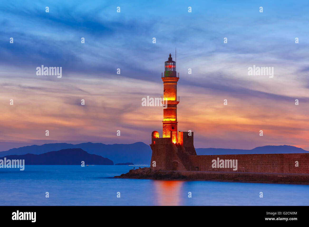 Lighthouse at sunset, Chania, Crete, Greece Stock Photo - Alamy