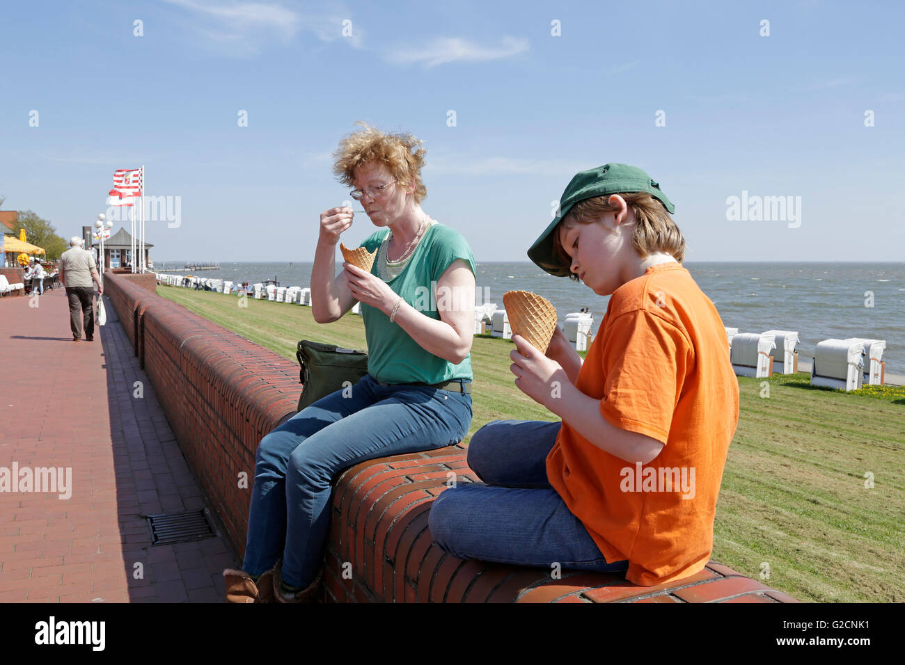 Mother And Son Eating Ice Cream Seafront South Beach Wilhelmshaven