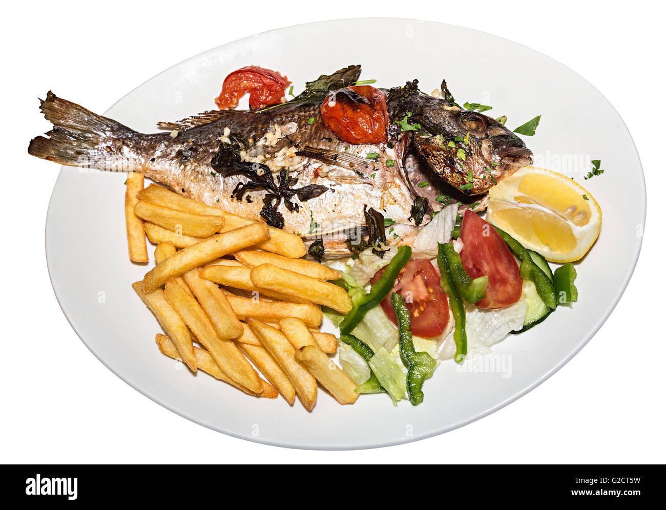 Fresh local caught sea bream with chips and salad Stock Photo - Alamy