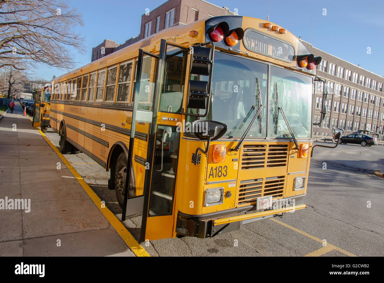 Yellow school bus with doors open Stock Photo - Alamy