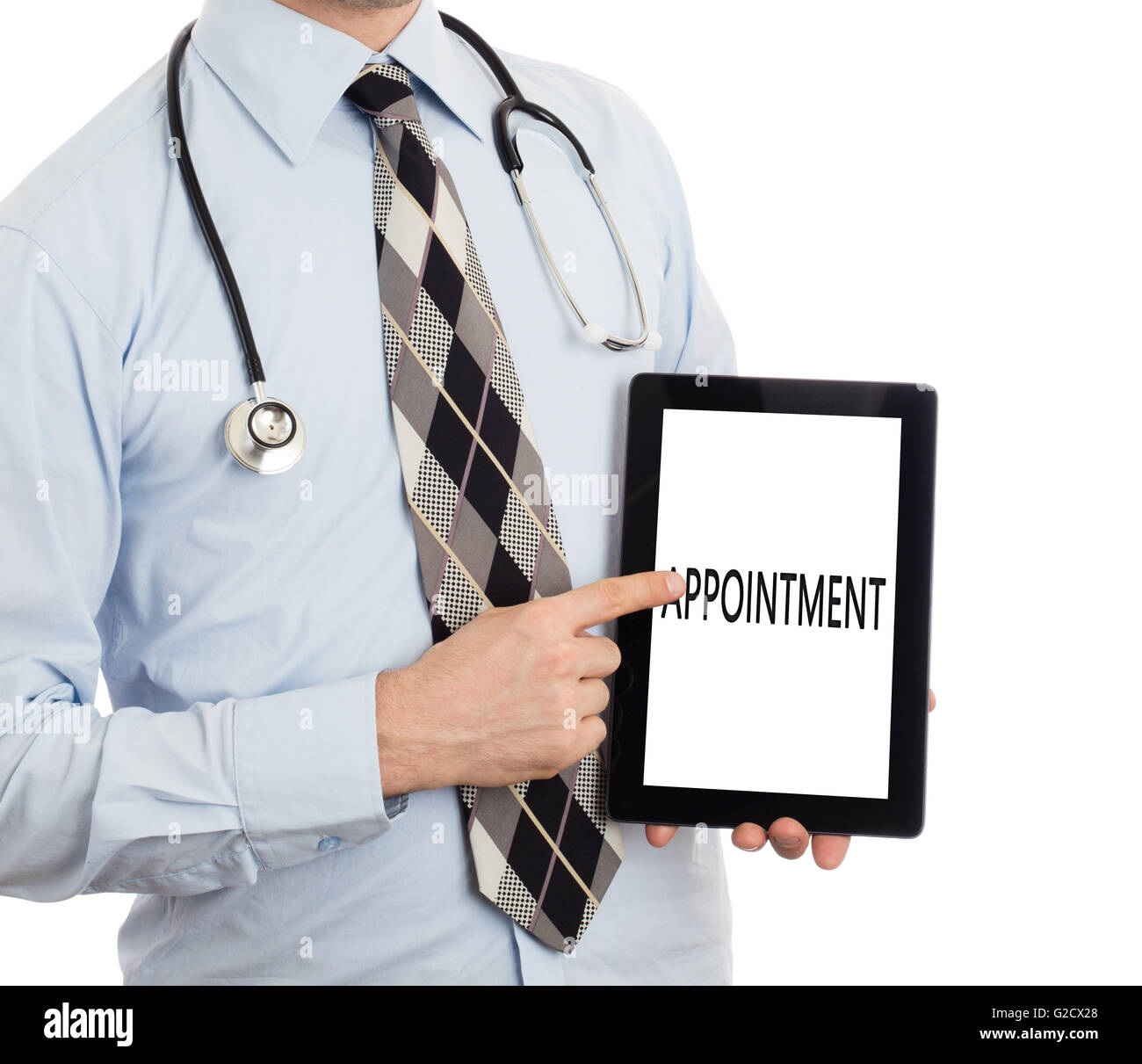 Doctor, isolated on white backgroun, holding digital tablet ...