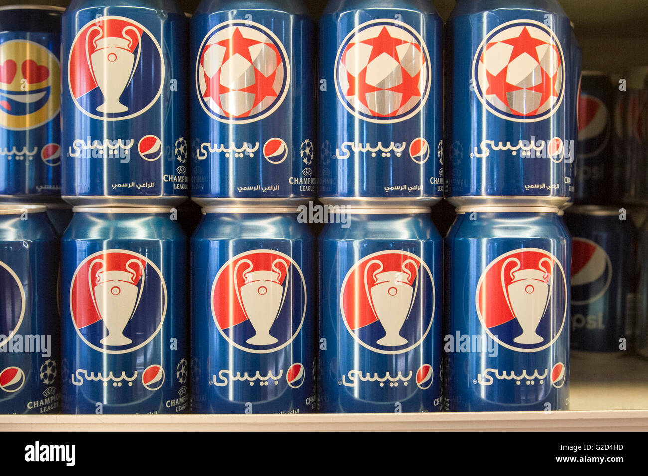 Beirut Lebanon. 28th May 2016. Pepsi cans written in Arabic language ...