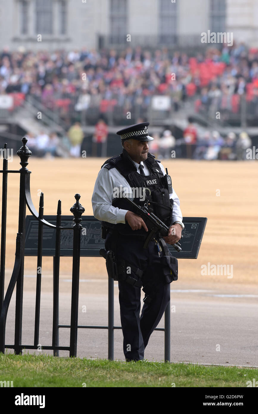 London, UK. 28th May, 2016.An armed Police officer at the Major General ...