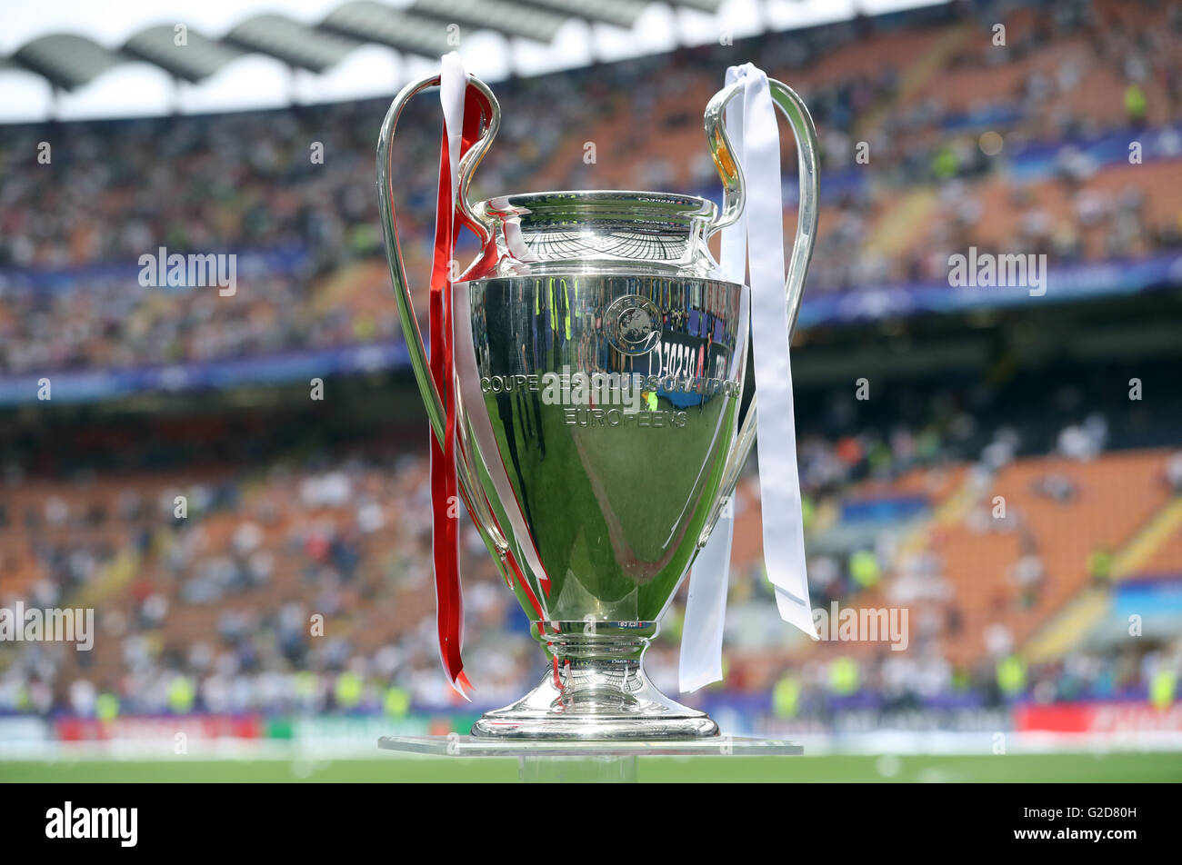 Milan, Italy. 28th May, 2016. The UEFA Champions League trophy is seen ...