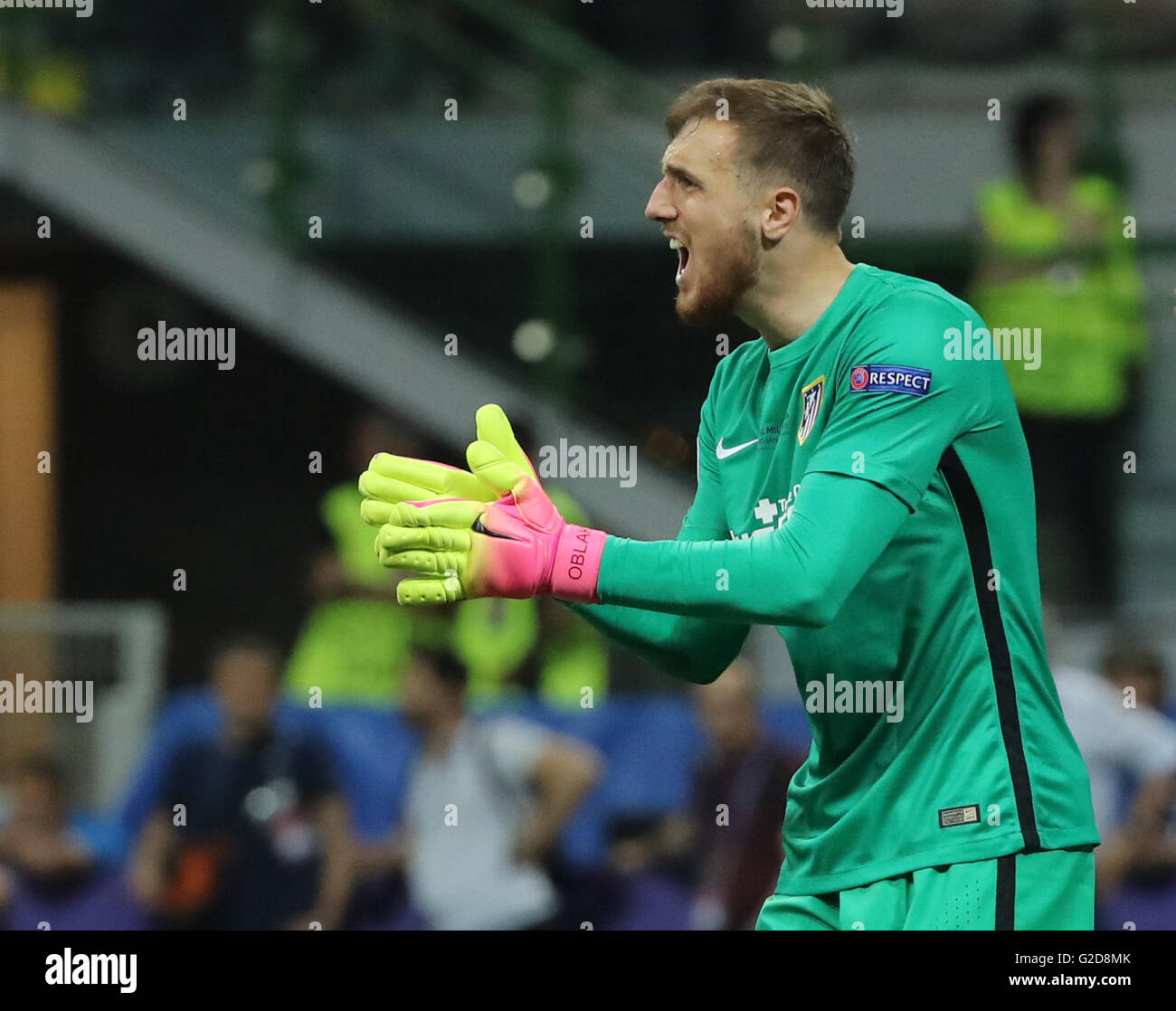 Milan, Italy. 28th May, 2016. Atletico's goalkeeper Jan Oblak reacts ...