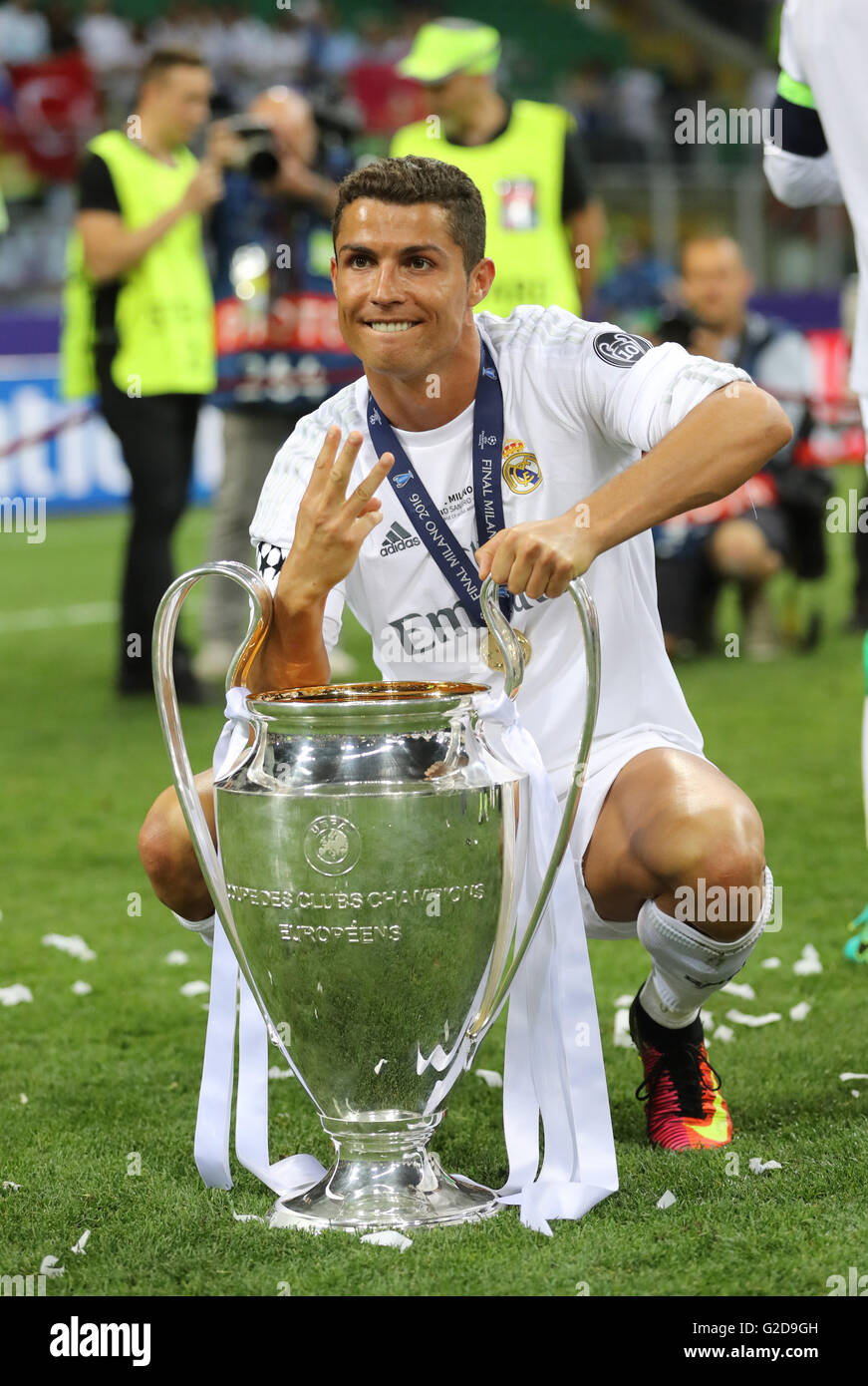 Milan, Italy. 28th May, 2016. Real's Cristiano Ronaldo poses the trophy ...