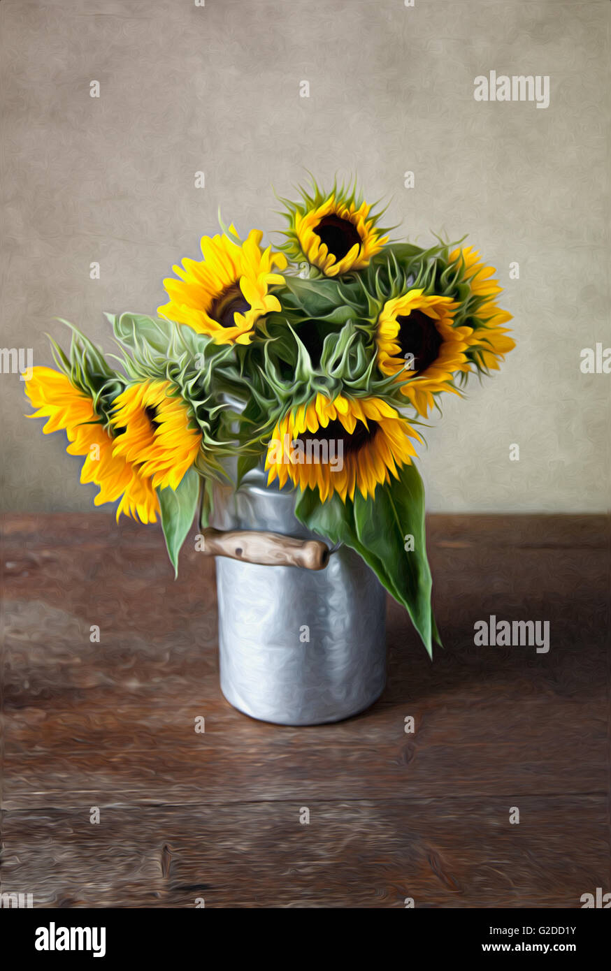Still Life Illustration with Sunflowers in Oil Painting Style Stock ...