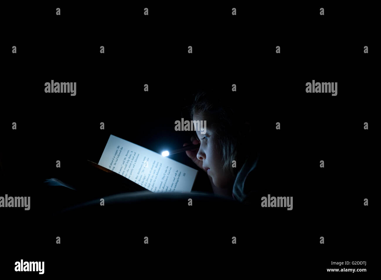 Girl Reading Book with Small Flashlight Stock Photo - Alamy
