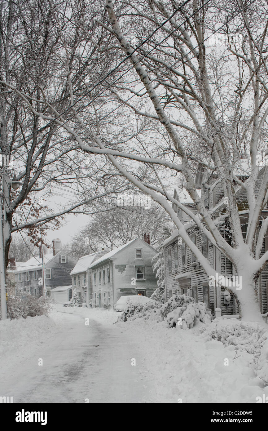Snowy Residential Street, Marblehead, Massachusetts, USA Stock Photo ...