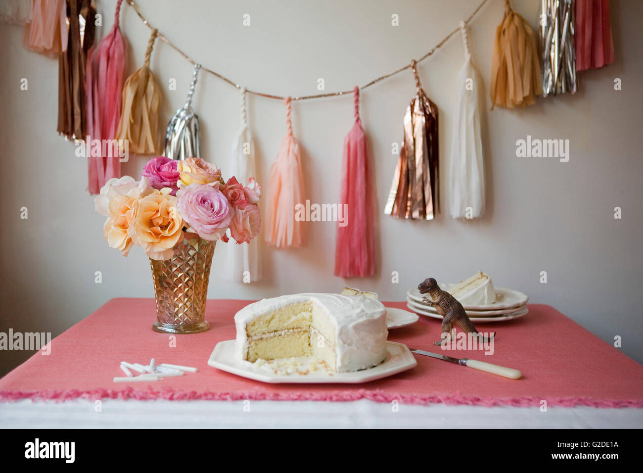 Birthday Cake and Streamers Stock Photo - Alamy