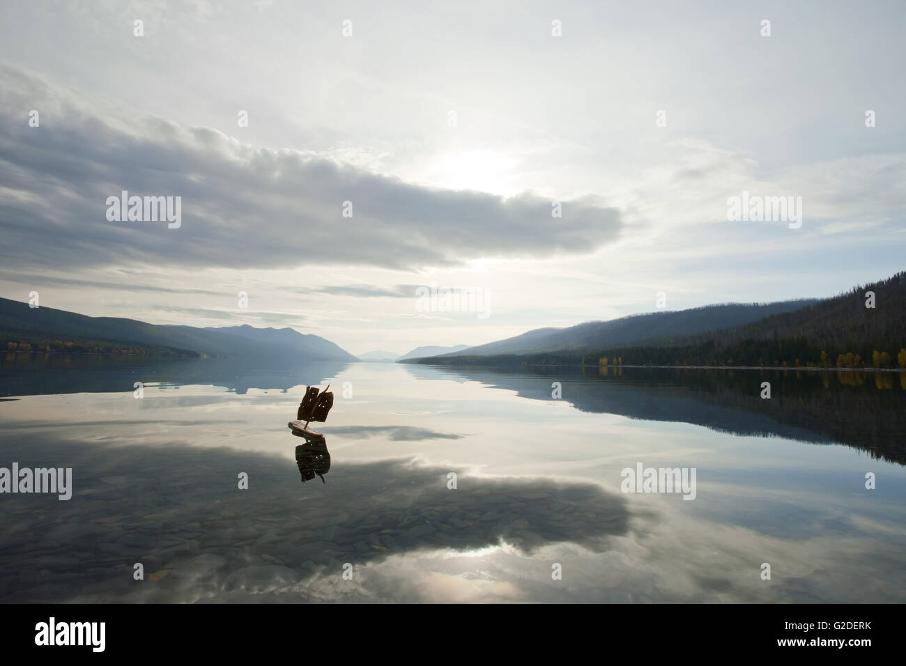 Crude Toy Boat in Calm Lake, Glacier National Park, Montana, USA Stock ...