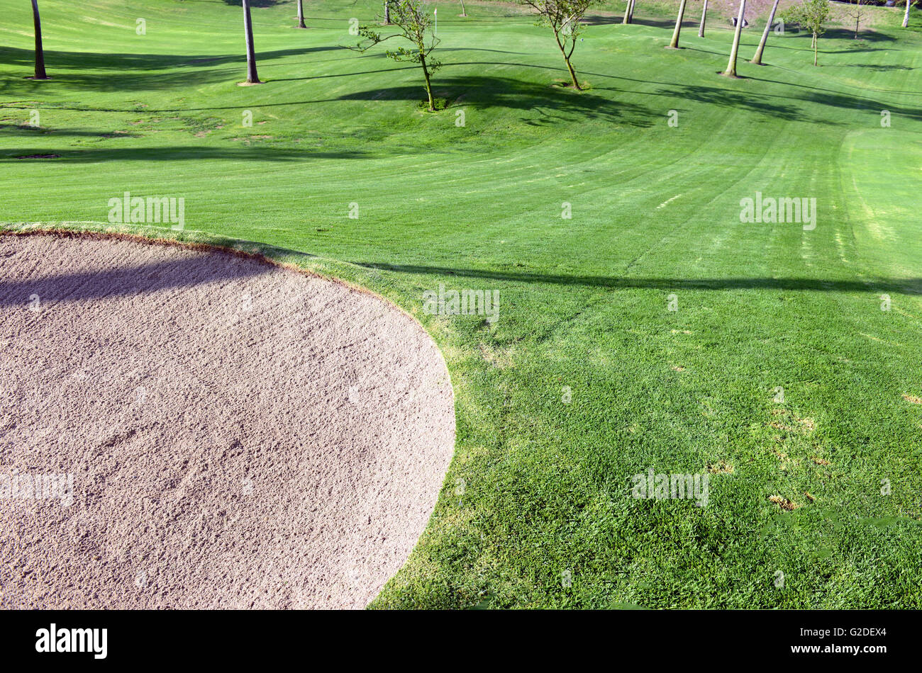 Sand trap on fairway of golf course Stock Photo - Alamy
